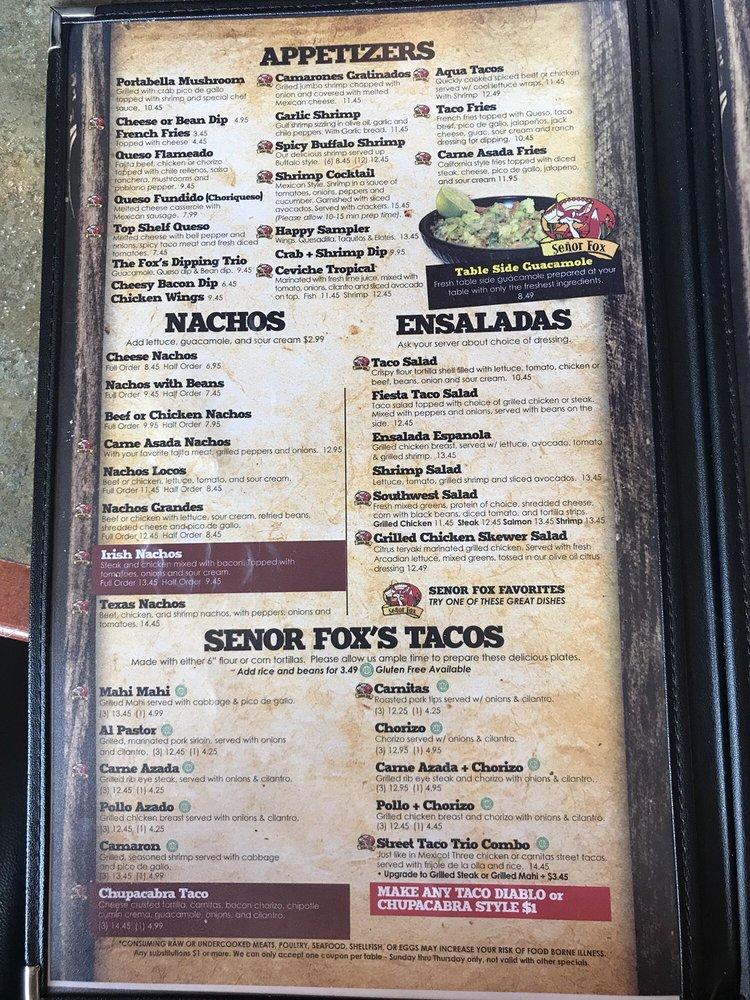 Menu at Senor Fox Mexican Restaurant, Virginia Beach, Nimmo Pkwy