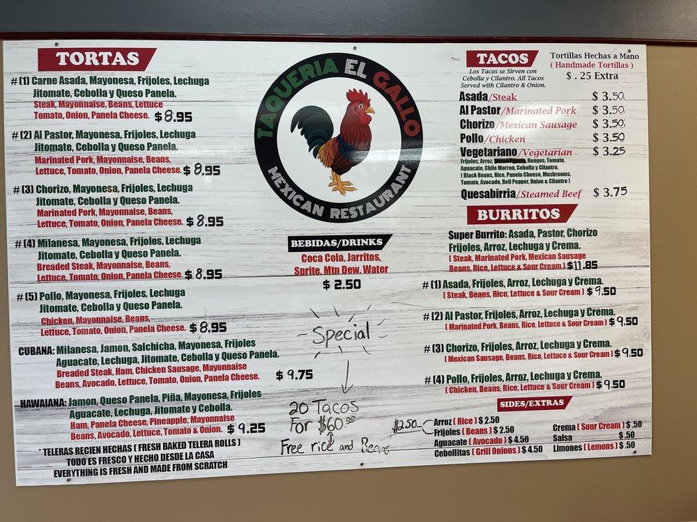Menu at Tacos El Gallo restaurant, East Peoria