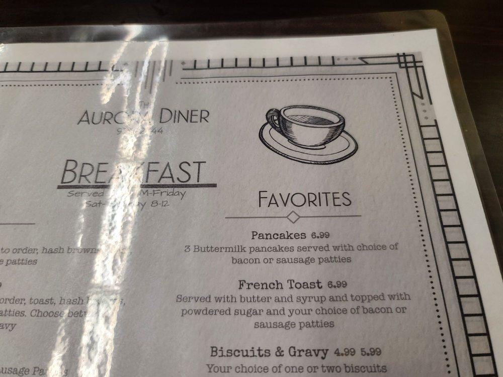 Menu at The Aurora Diner restaurant, Aurora