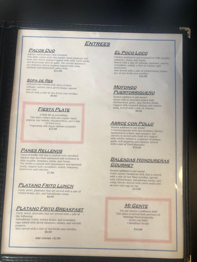 Menu at Selena's Salvadorian Restaurant, Tucson