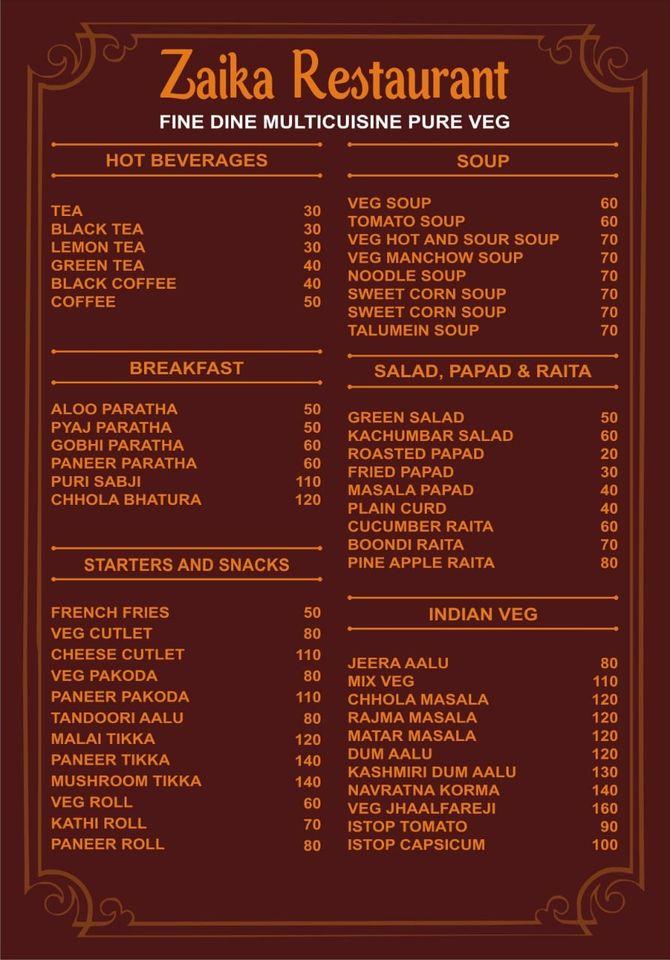 Menu at zaika restaurant, Deoria