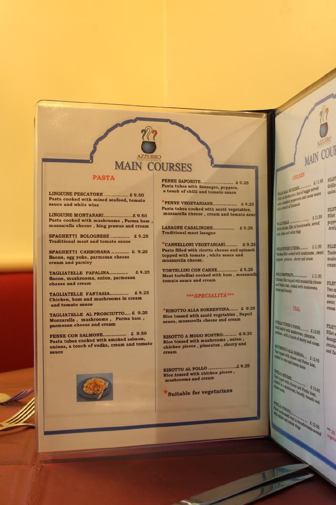 Menu at Azzurro Restaurant Pizzeria, Arbroath