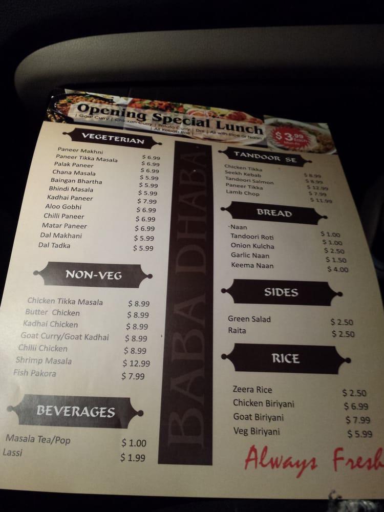 Menu at Baba Dhaba restaurant, Brampton, 255 Rutherford Rd S
