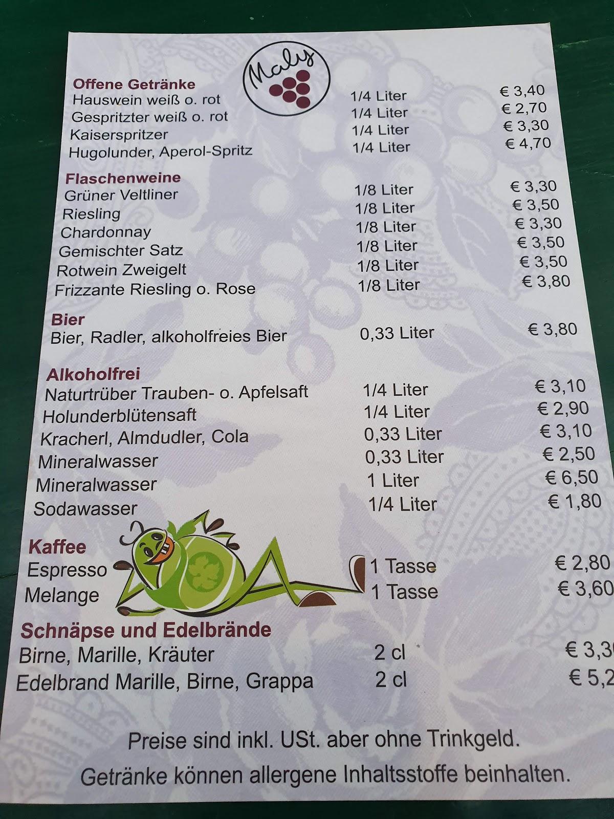 Menu au Heuriger Maly pub et bar, Vienne
