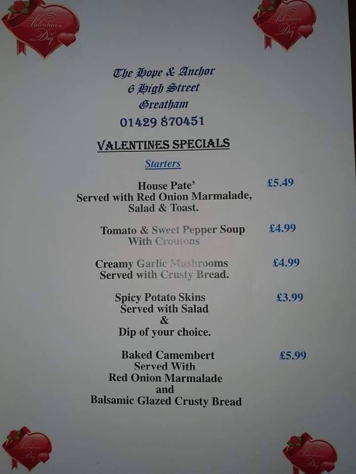 Menu at The Hope & Anchor pub & bar, Hartlepool