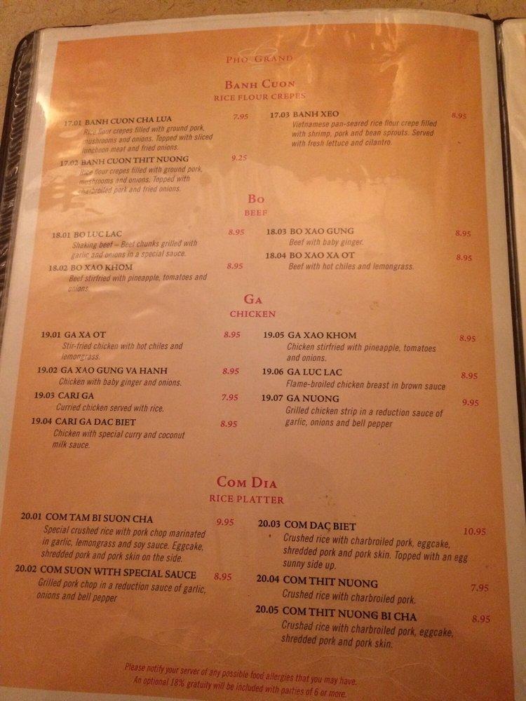 Menu at Pho Grand Restaurant, St. Louis