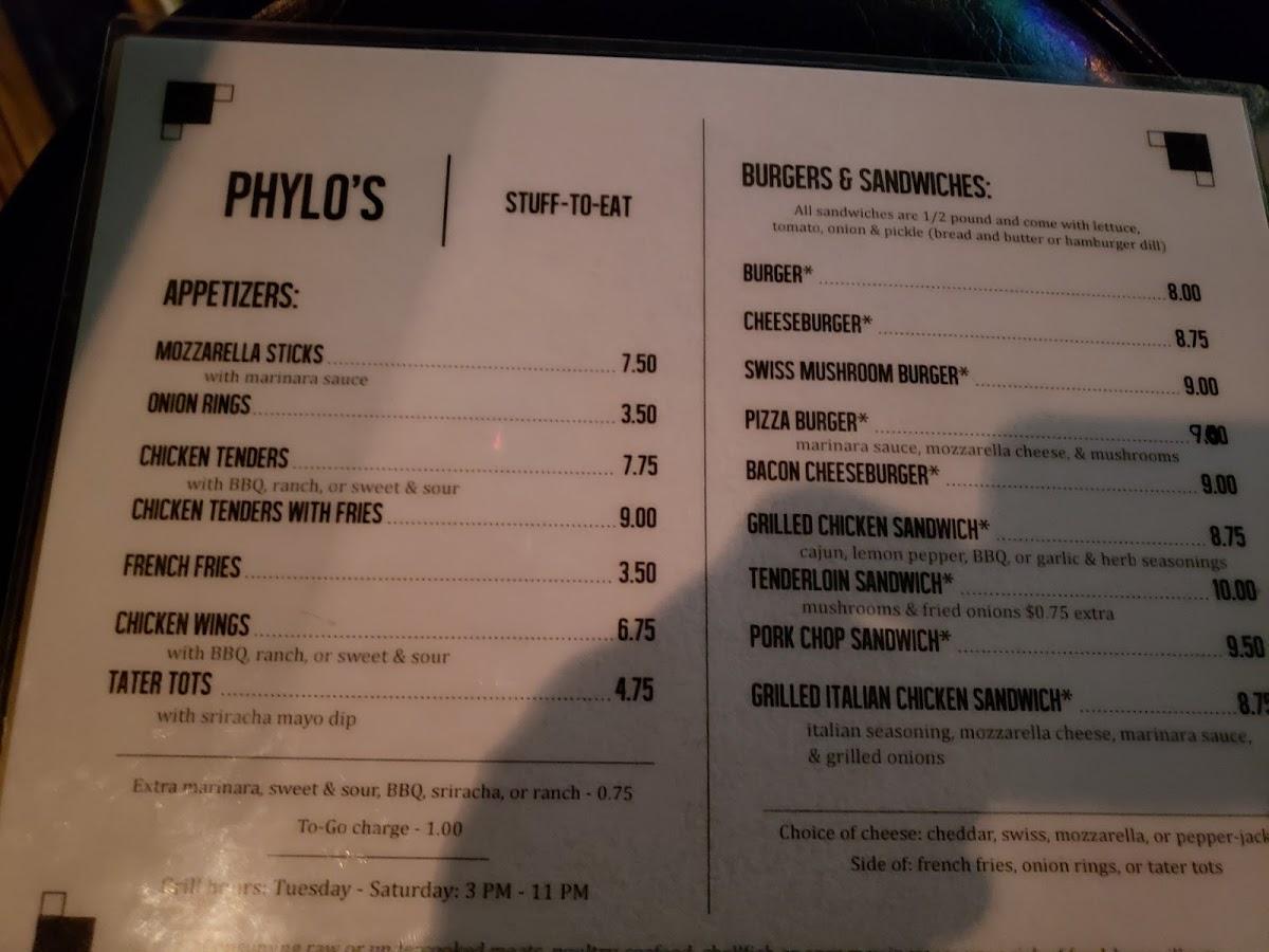 Menu at Phylo's pub & bar, Milwaukee