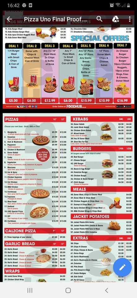 Menu at Pizza Uno Danesmoor restaurant, North Wingfield