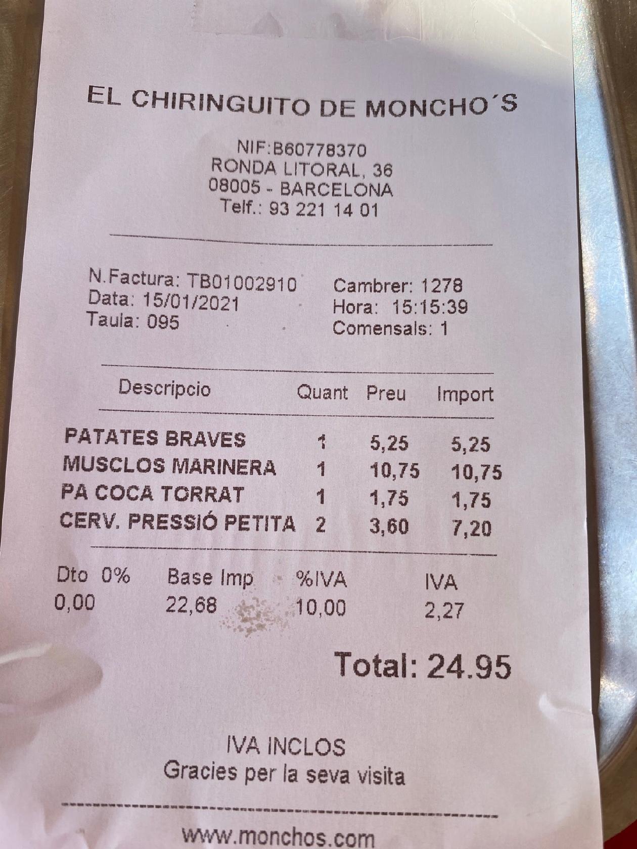 Menu at Restaurant Moncho, Barcelona