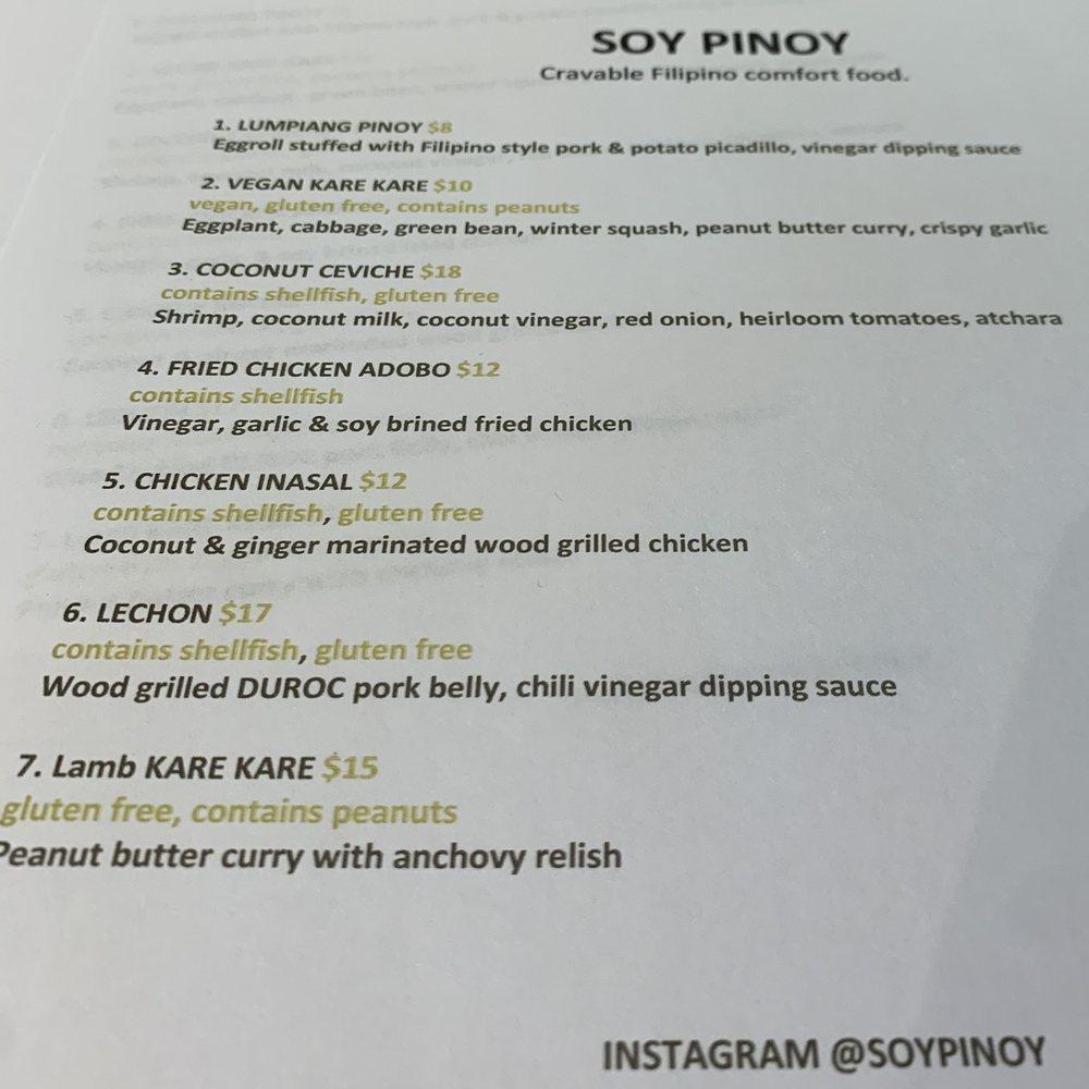 Menu at Soy Pinoy restaurant, Denver
