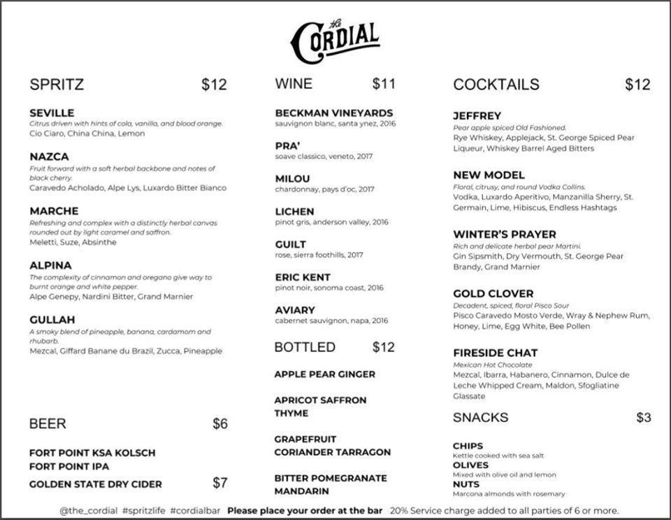 Menu at The Cordial pub & bar, San Francisco