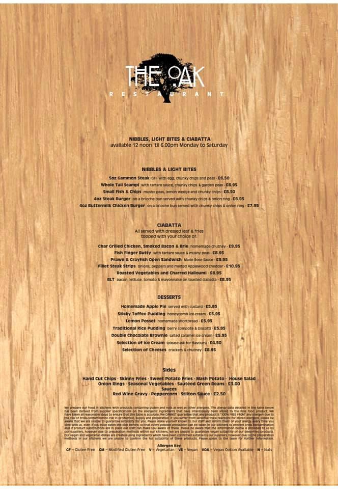 Menu at The Royal Oak pub & bar, Kelsall