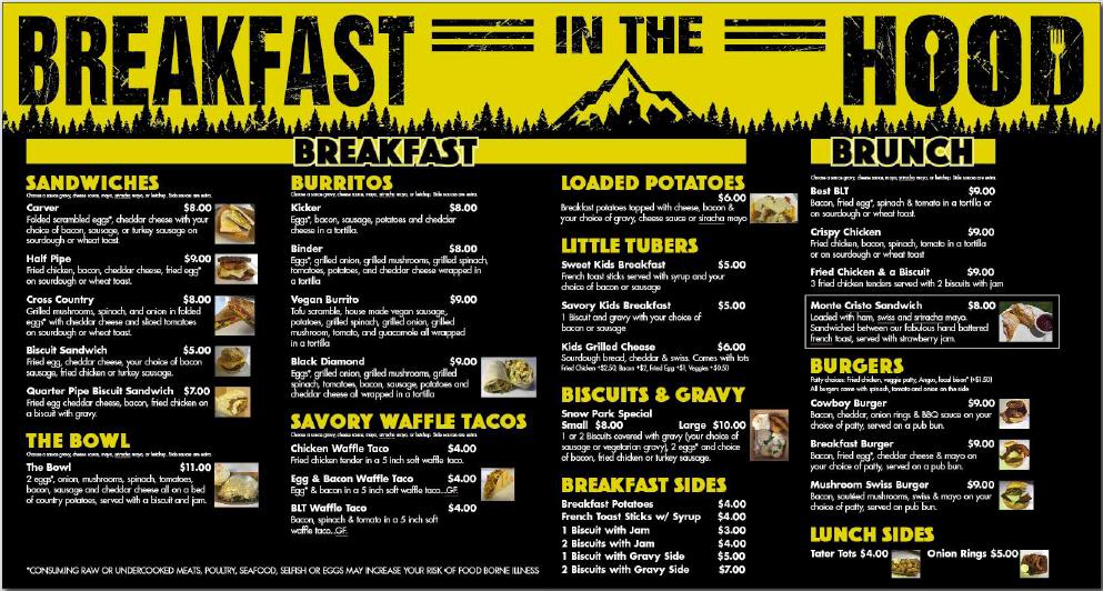 Menu at Breakfast in the Hood restaurant, Sandy, Pioneer Blvd #8
