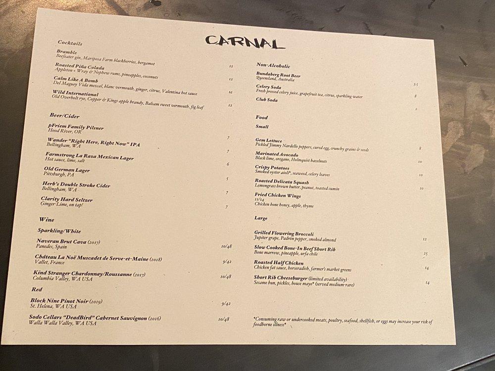 Menu at Carnal pub & bar, Bellingham