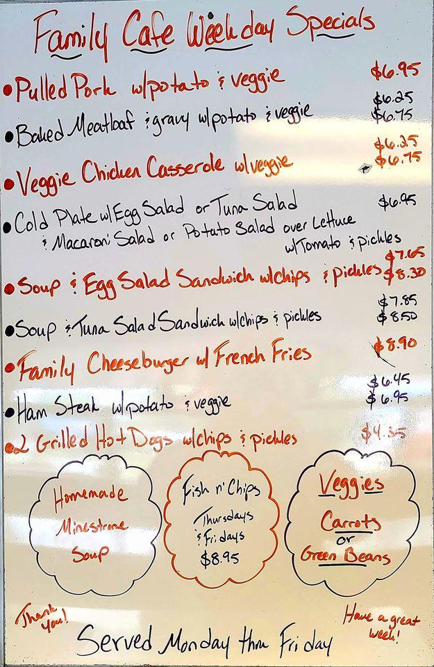 Menu at Family Cafe, Fitchburg
