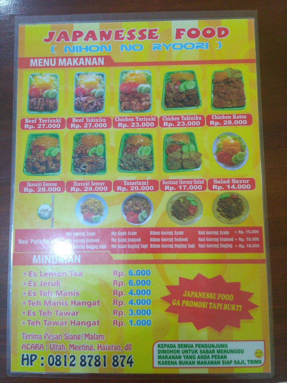 Menu at Japanesse food restaurant, Purbalingga