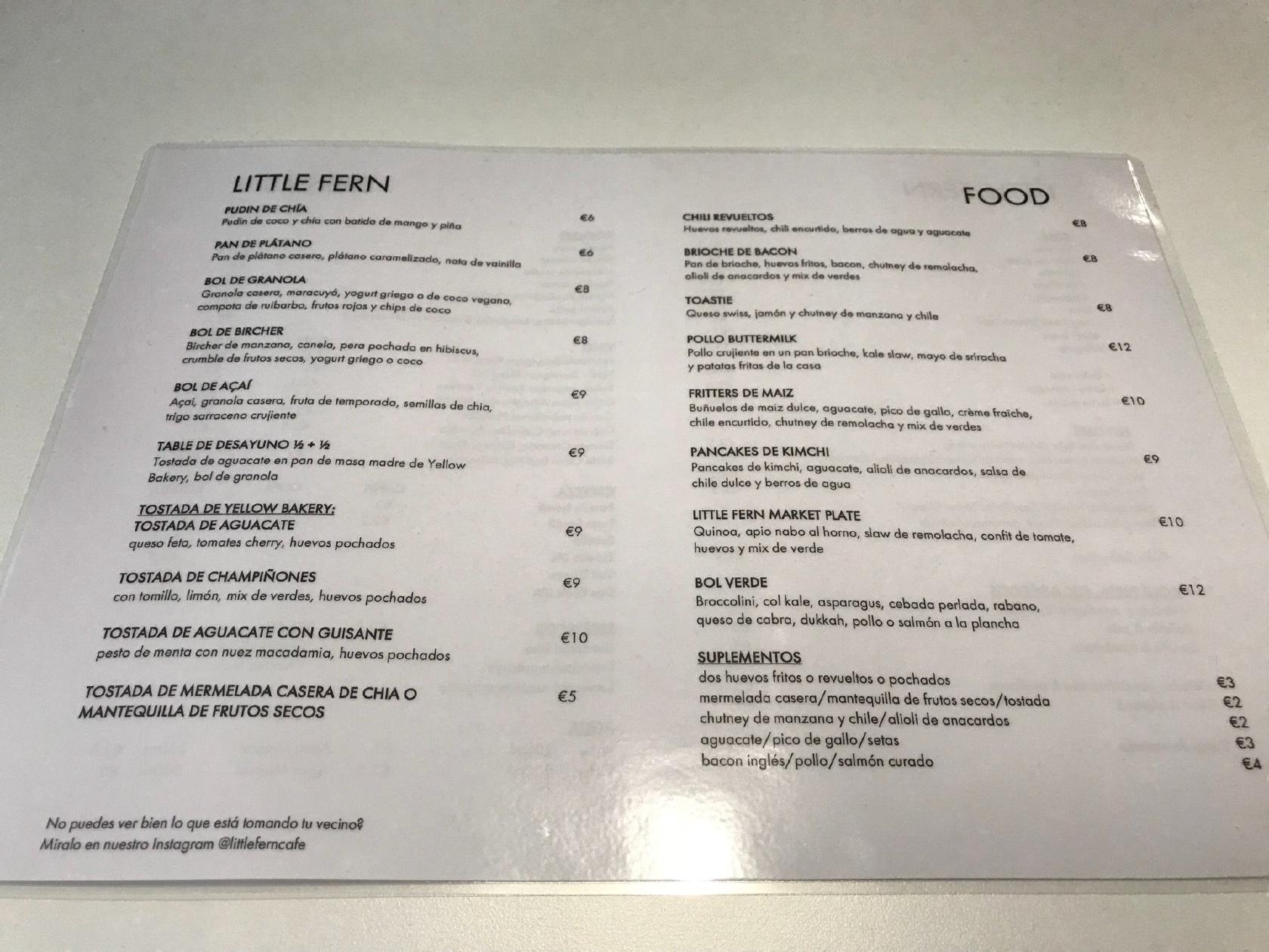 Menu at Little Fern cafeteria, Barcelona