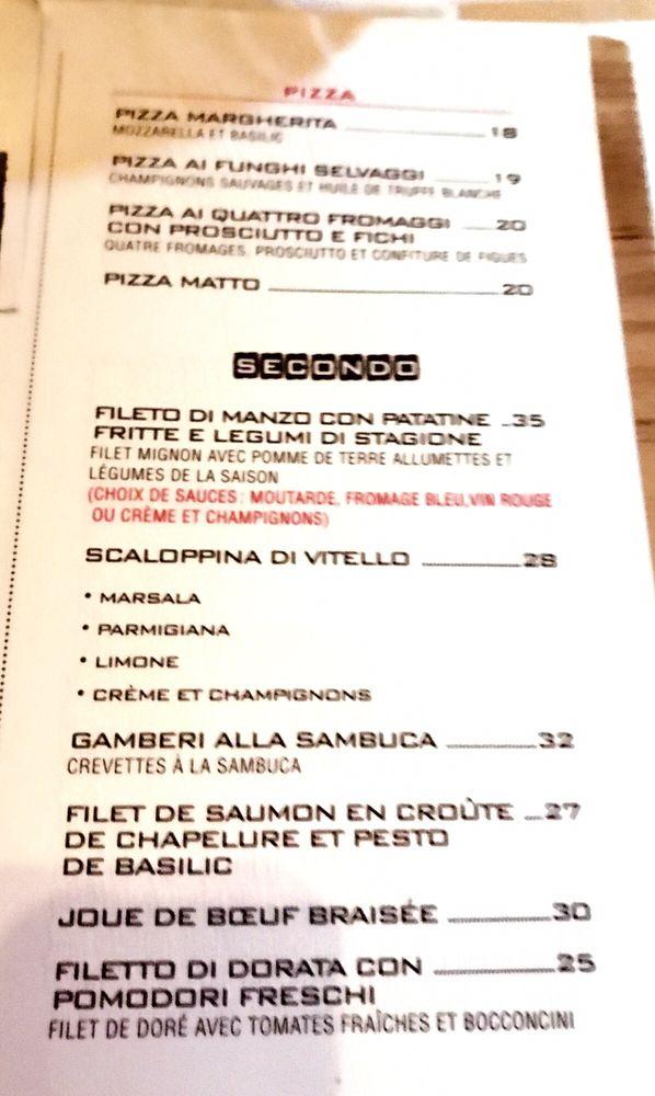 Menu au Matto restaurant, Québec, 71 Rue Saint-Pierre
