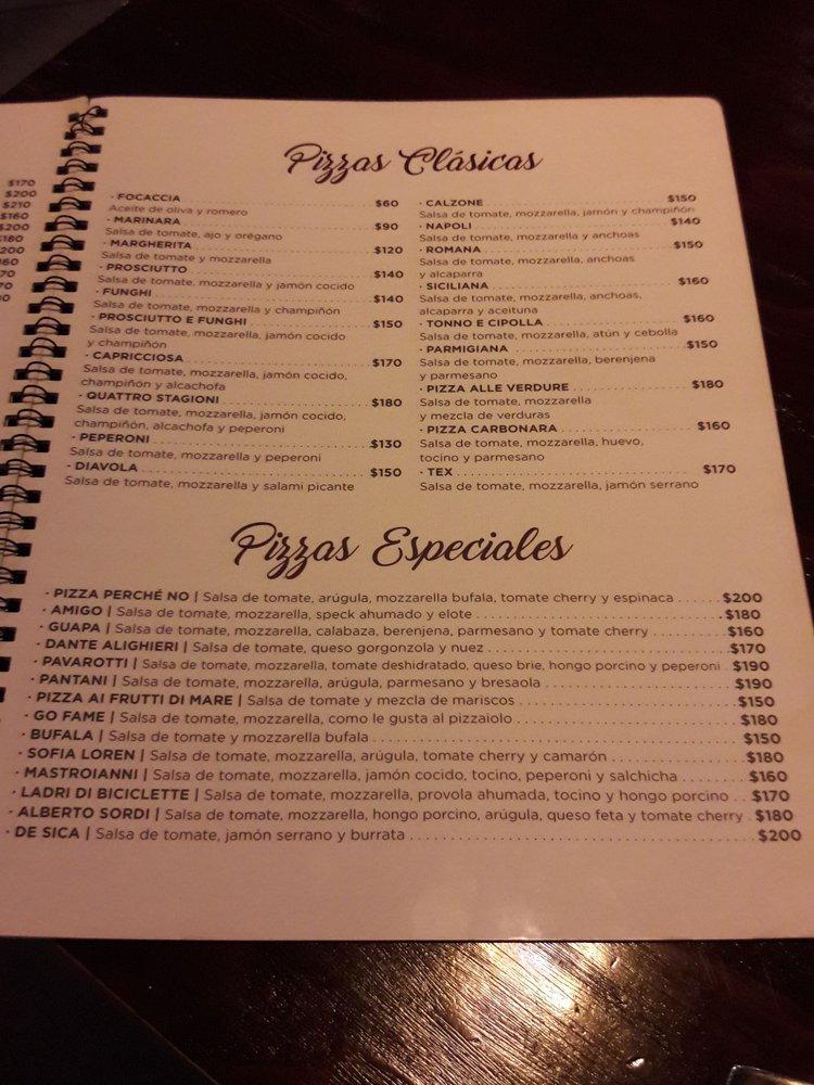 Menu at Perché No pizzeria, Playa del Carmen