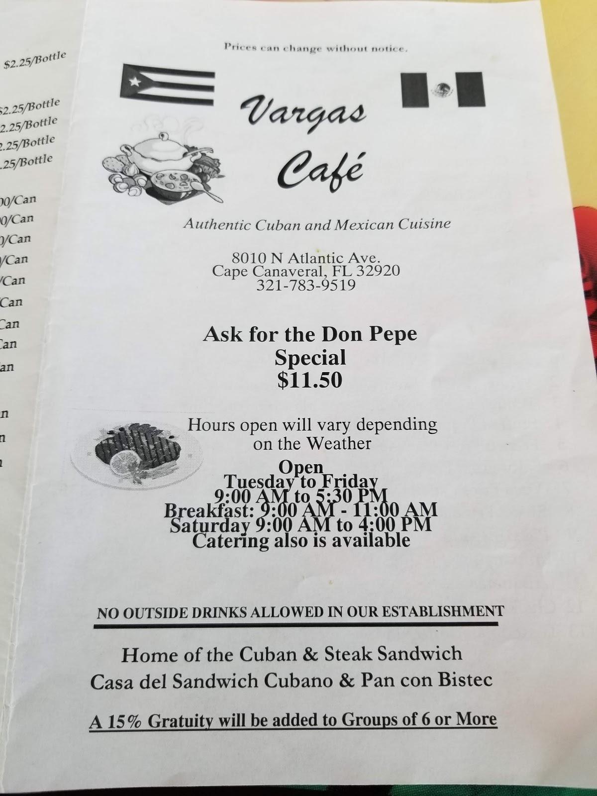 Menu at Vargas Cafe, Cape Canaveral