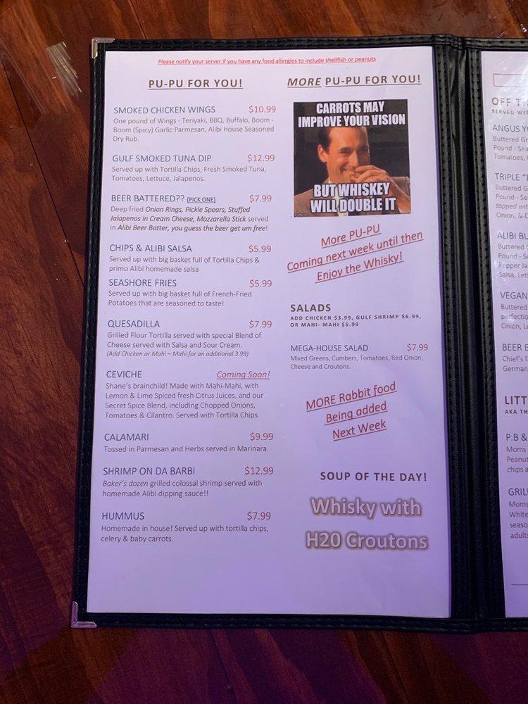 Menu at The Alibi Beach Lounge & Grill pub & bar, Panama City Beach
