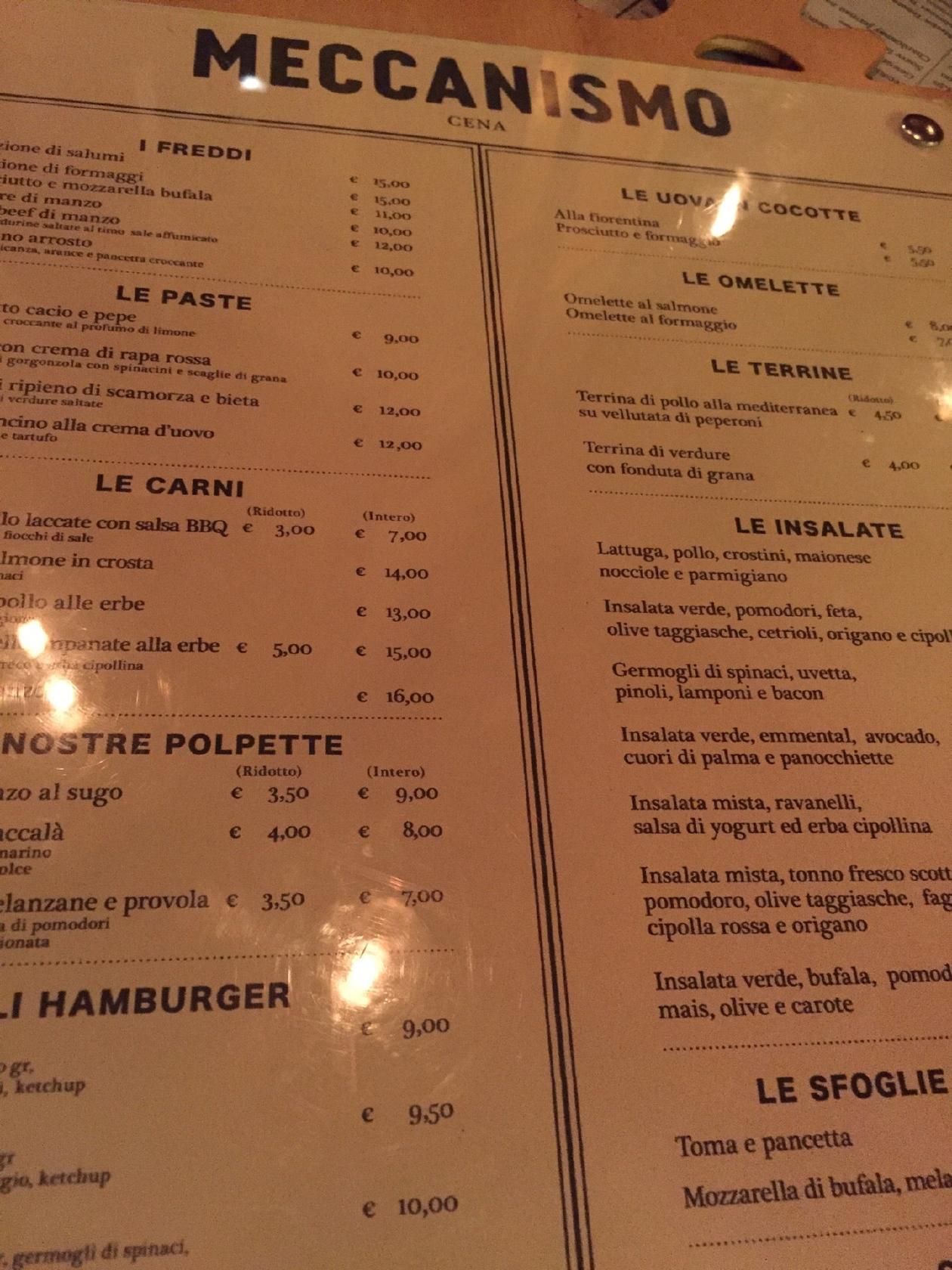 Menu at Bar Meccanismo, Rome, Piazza Trilussa