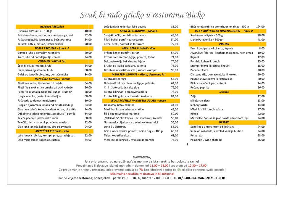 Menu at Bicko restaurant, Zagreb, Karlovačka cesta 24
