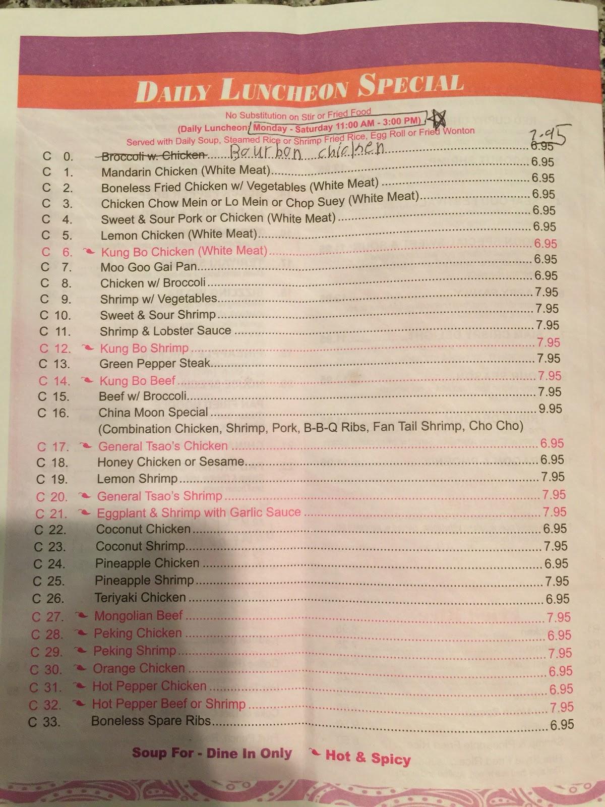 Menu at China Moon restaurant, Chalmette