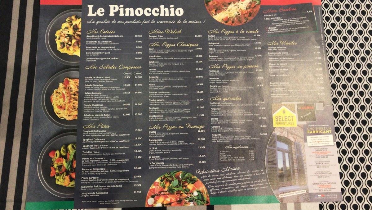 Menu au Le Pinocchio pizzeria, Berck