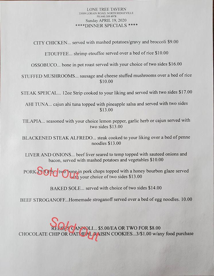 Menu at Lone Tree Tavern pub & bar, North Ridgeville
