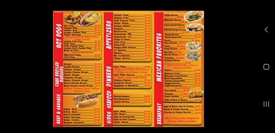 Menu at Mr. J's Hot Dogs & Gyros restaurant, Ottawa