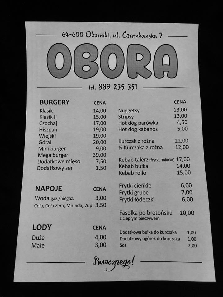 Menu at Obora Oborniki pub & bar, Oborniki
