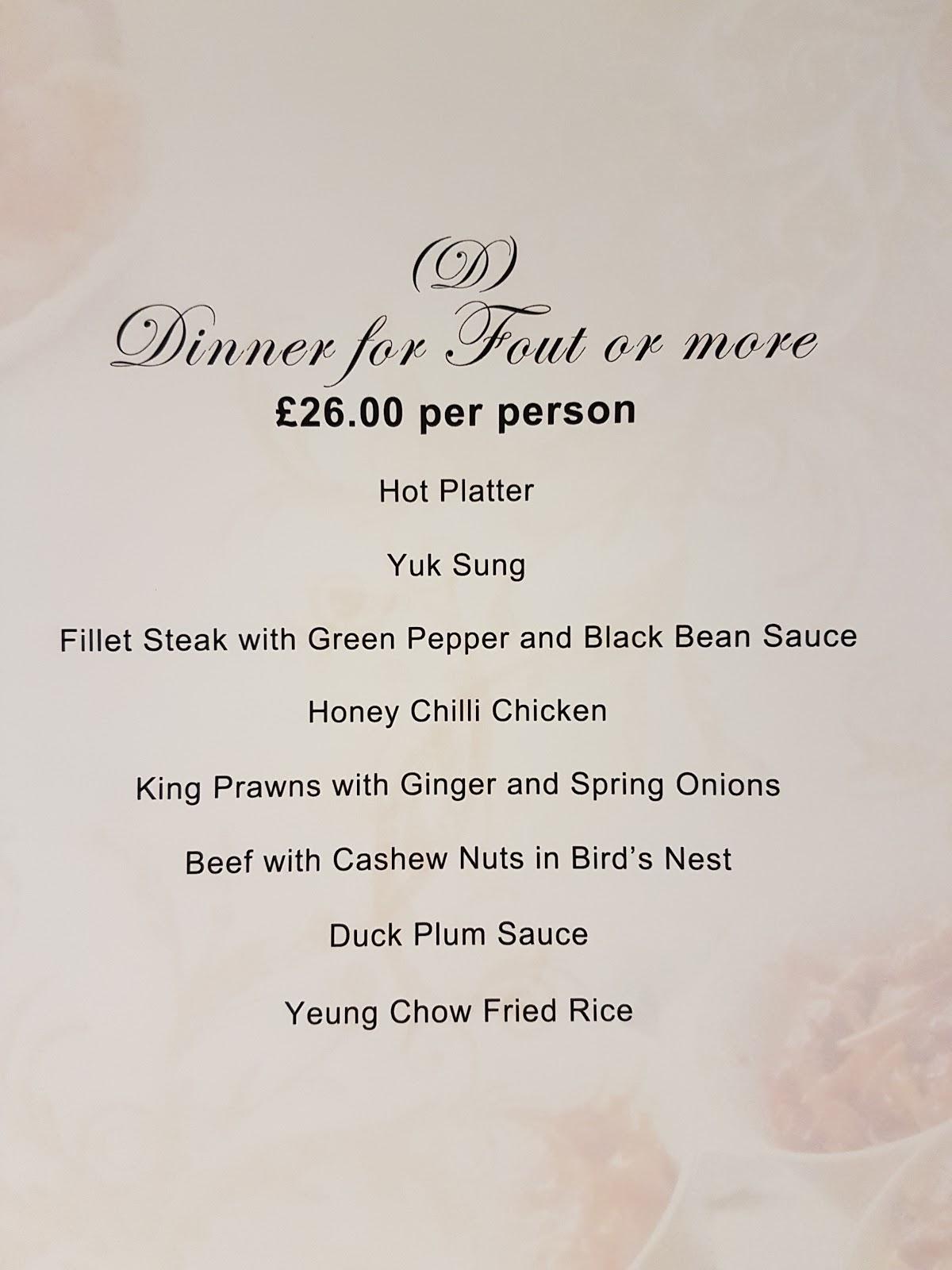 Menu at Ruby Palace restaurant, Enniskillen