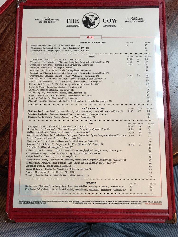 Menu at The Cow pub & bar, London, 89 Westbourne Park Rd