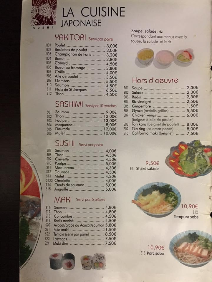 Menu at Yuriko restaurant, Nevers