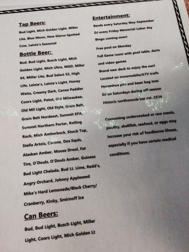 Menu at Cabaret Webb Lake, USA