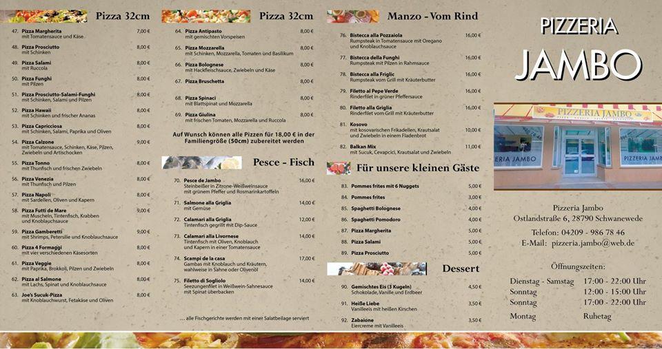 Menu at Pizzeria Jambo, Schwanewede