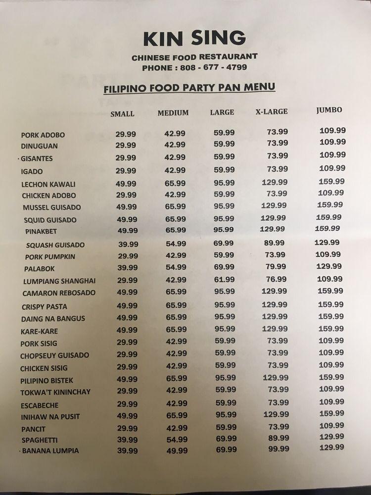 Menu at Kin Sing Chinese Fast Food, Waipahu