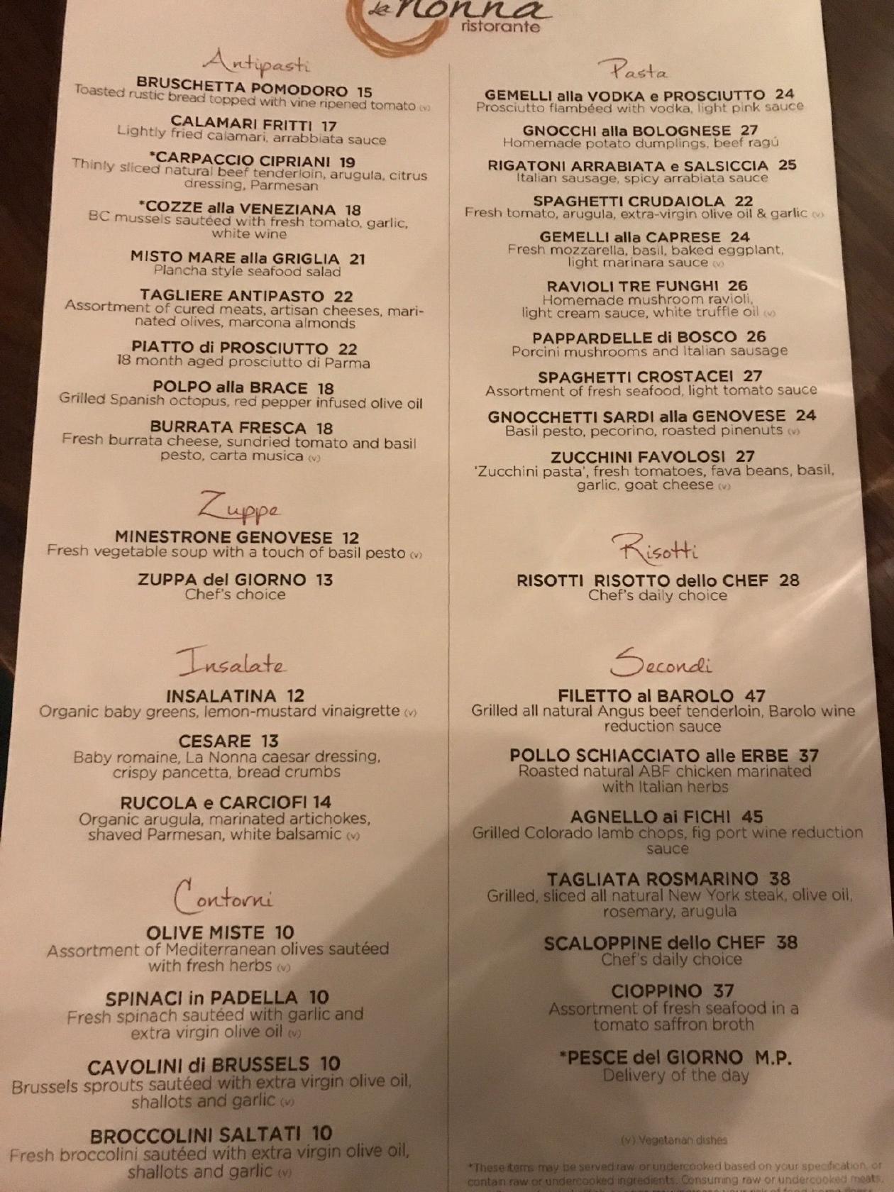 Menu at La Nonna Ristorante Vail restaurant, Vail