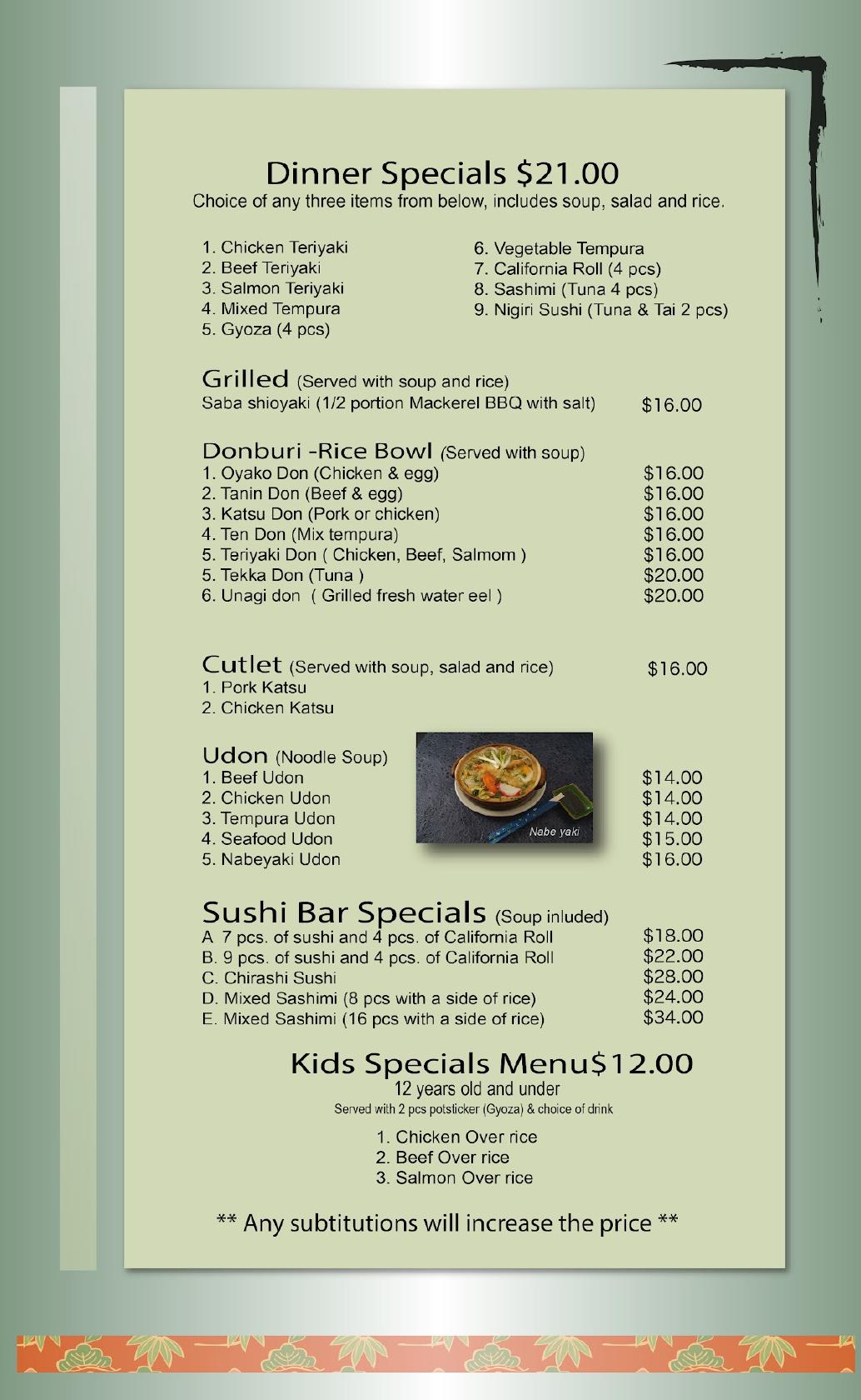 Menu at Miyako Japanese Restaurant, Hollister