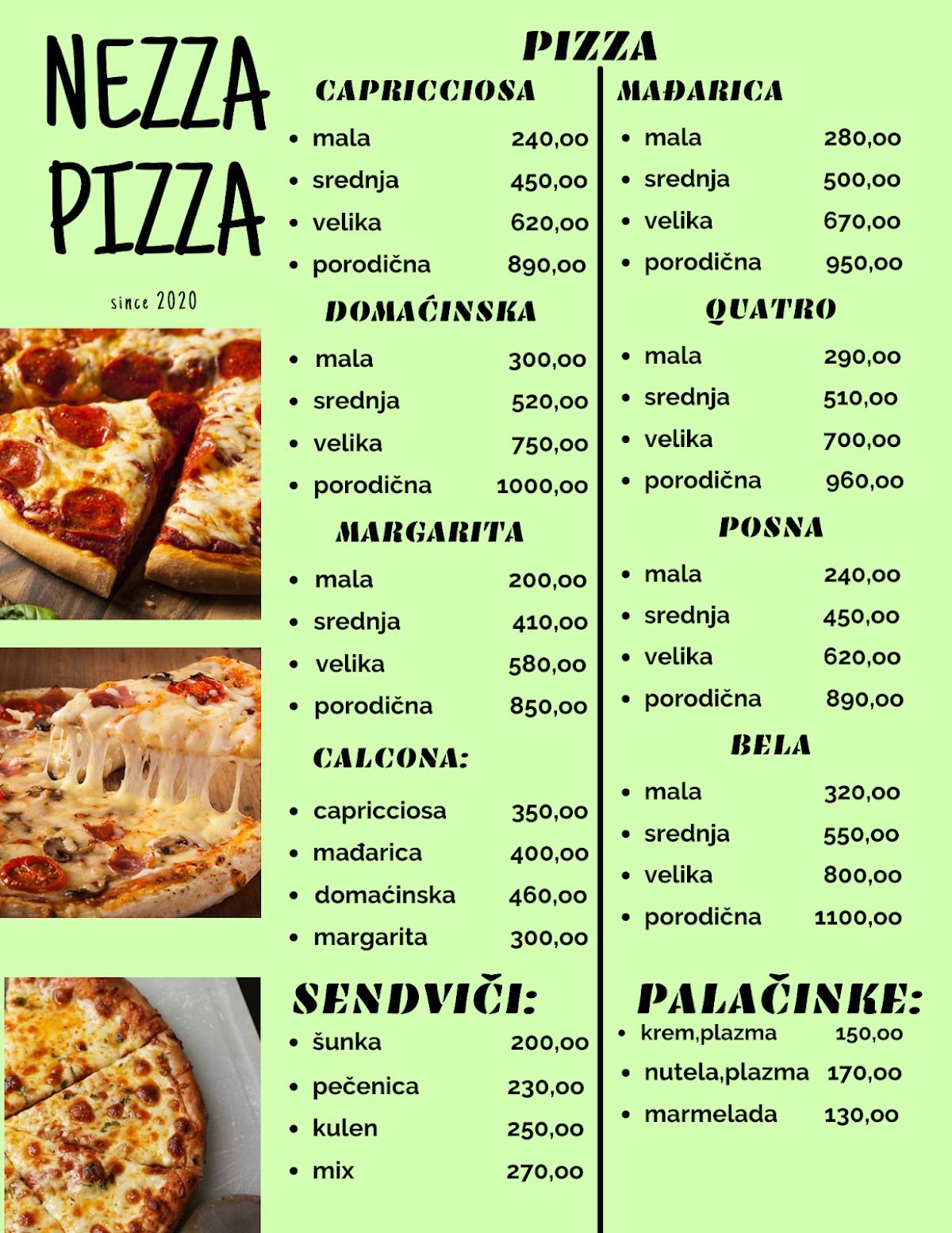 Menu at Nezza Pizza restaurant, Petrovaradin