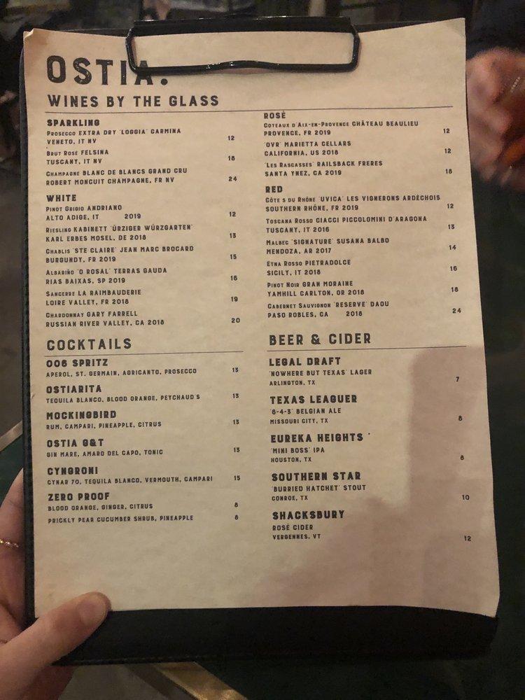 Menu at Ostia restaurant, Houston