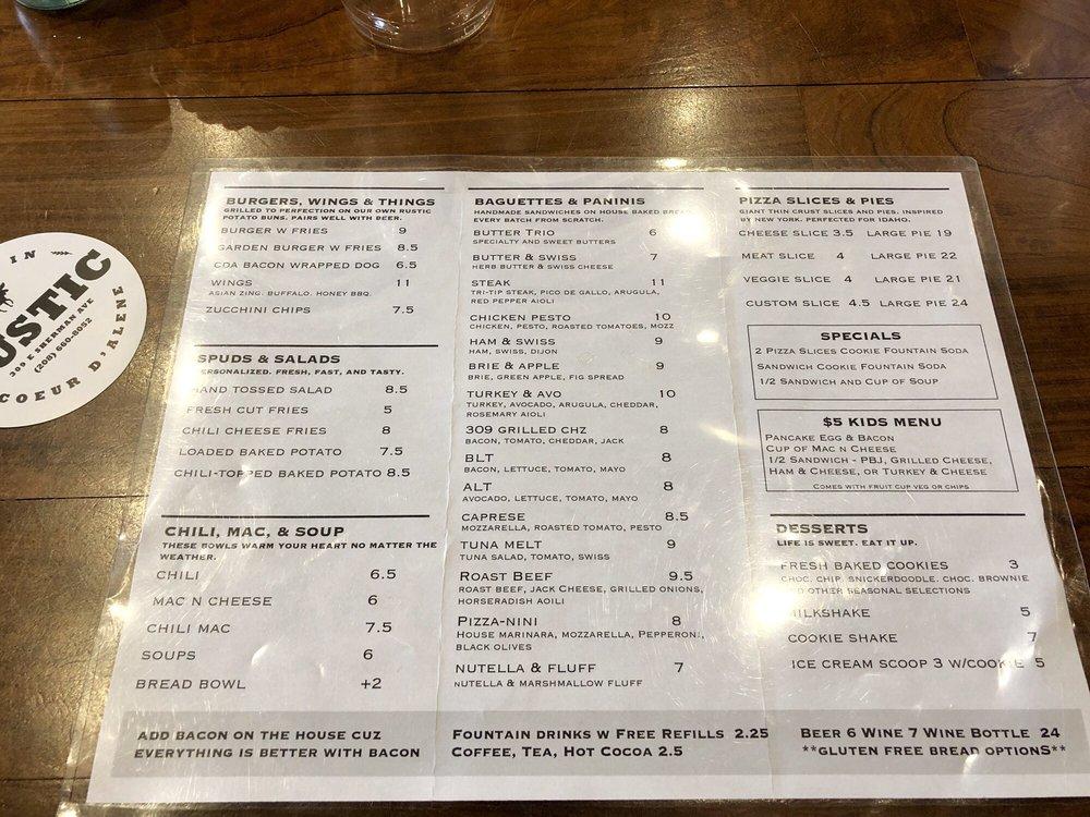 Menu at Rustic pizzeria, Coeur d'Alene