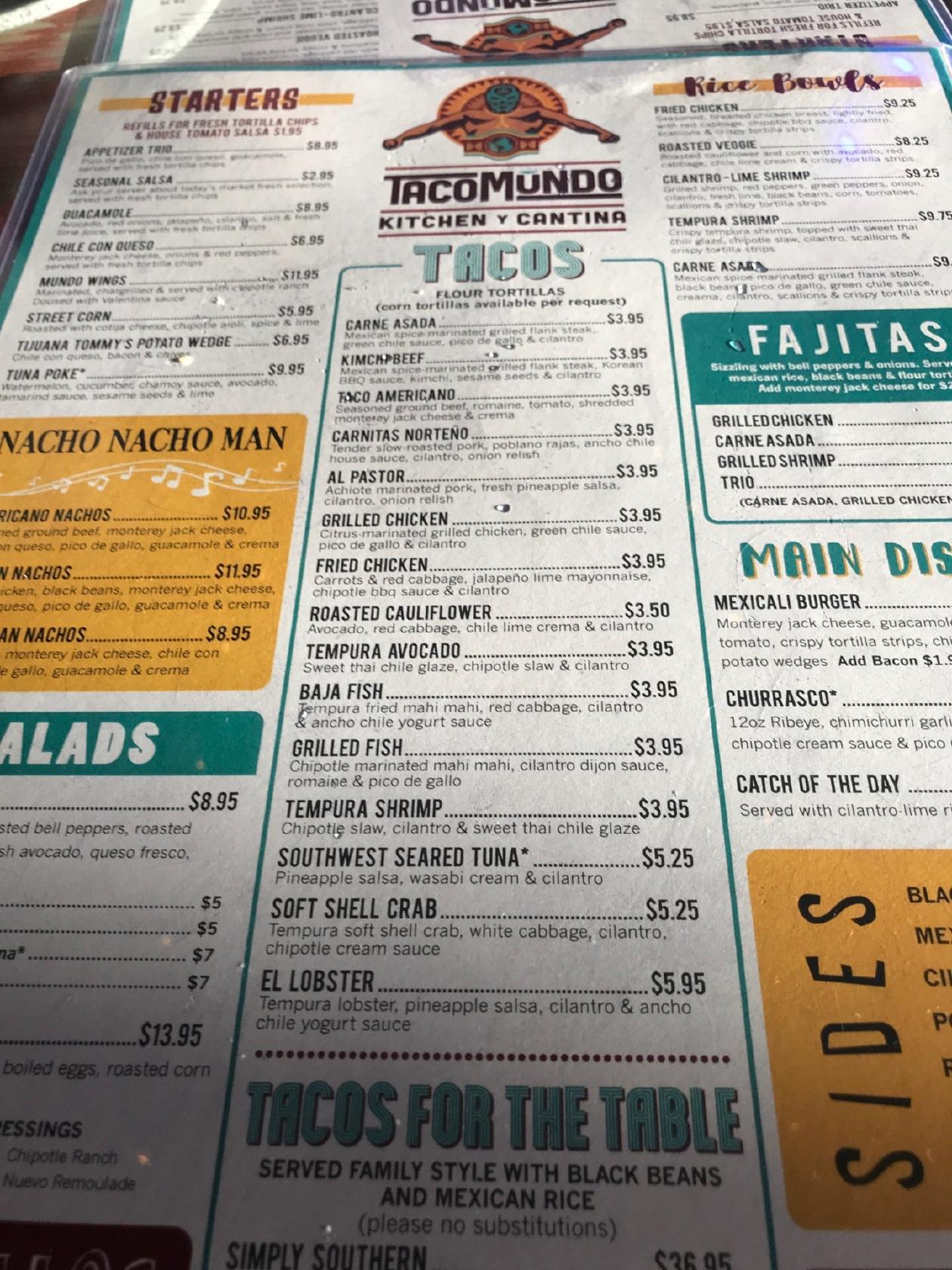 Menu at Taco Mundo Kitchen y Cantina pub & bar, North Myrtle Beach