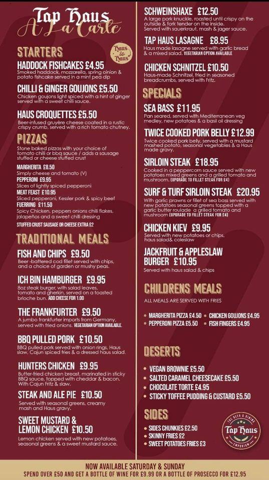 Menu at Tap Haus restaurant, Mansfield