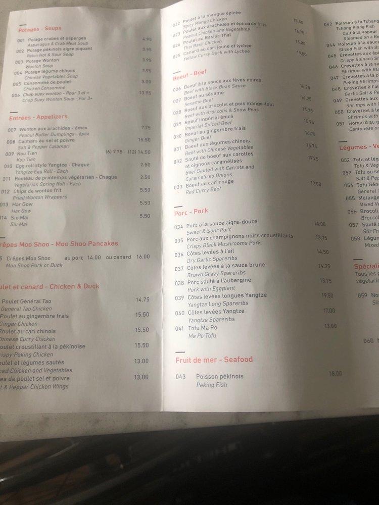 Menu at Tchang Kiang by Yangtze restaurant, Montreal