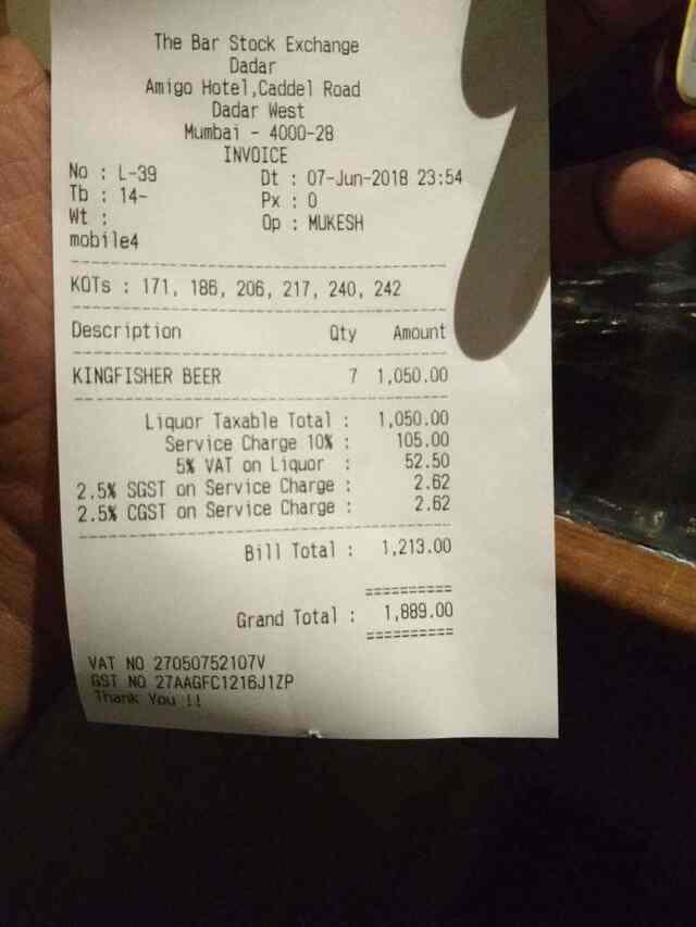 Menu at The Bar Stock Exchange, Mumbai, Building 289