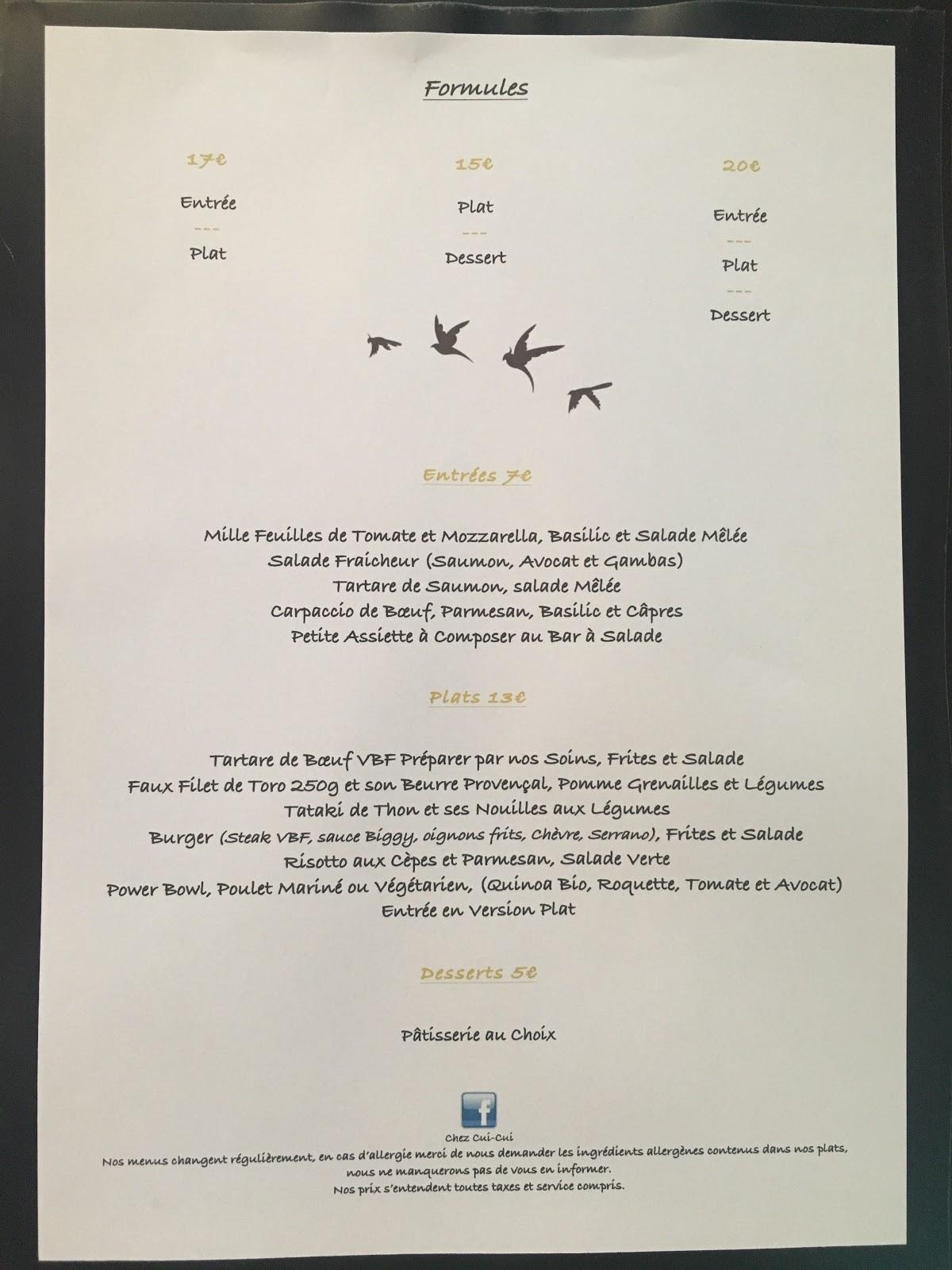 Menu at chez cui-cui restaurant, Montpellier