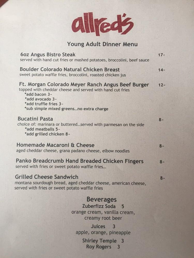 Menu at Allred's steakhouse, Telluride, 565 Mountain Village Blvd