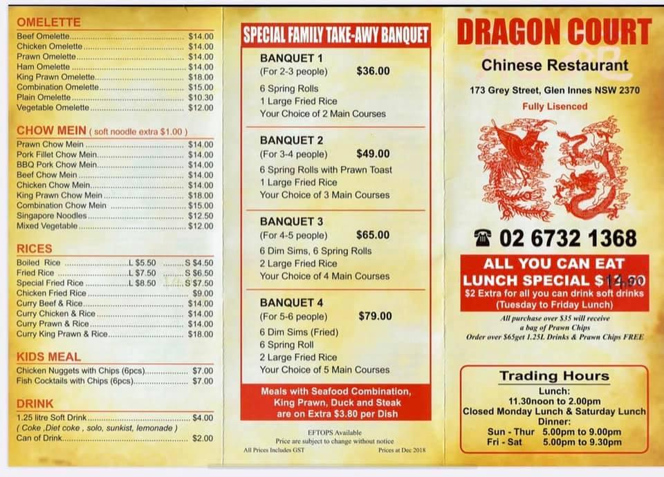 Menu at Dragon Court Restaurant, Glen Innes